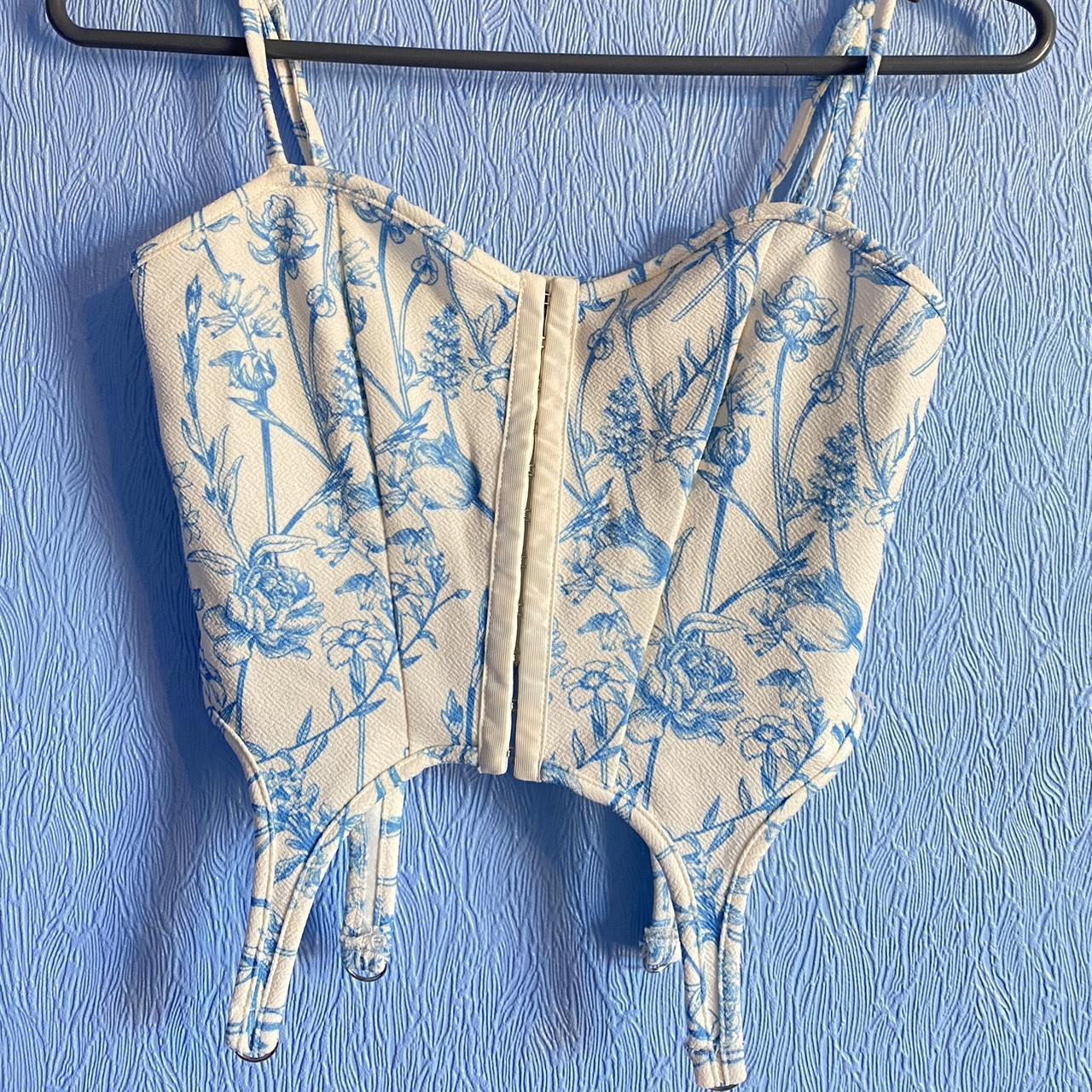 White and blue floral corset top ~ thick and... - Depop