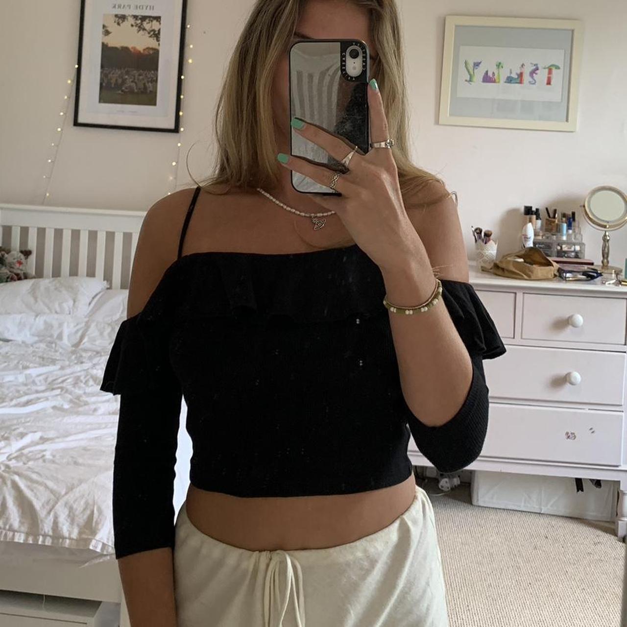Zara black ruffle shoulder-less top Shown on a size... - Depop