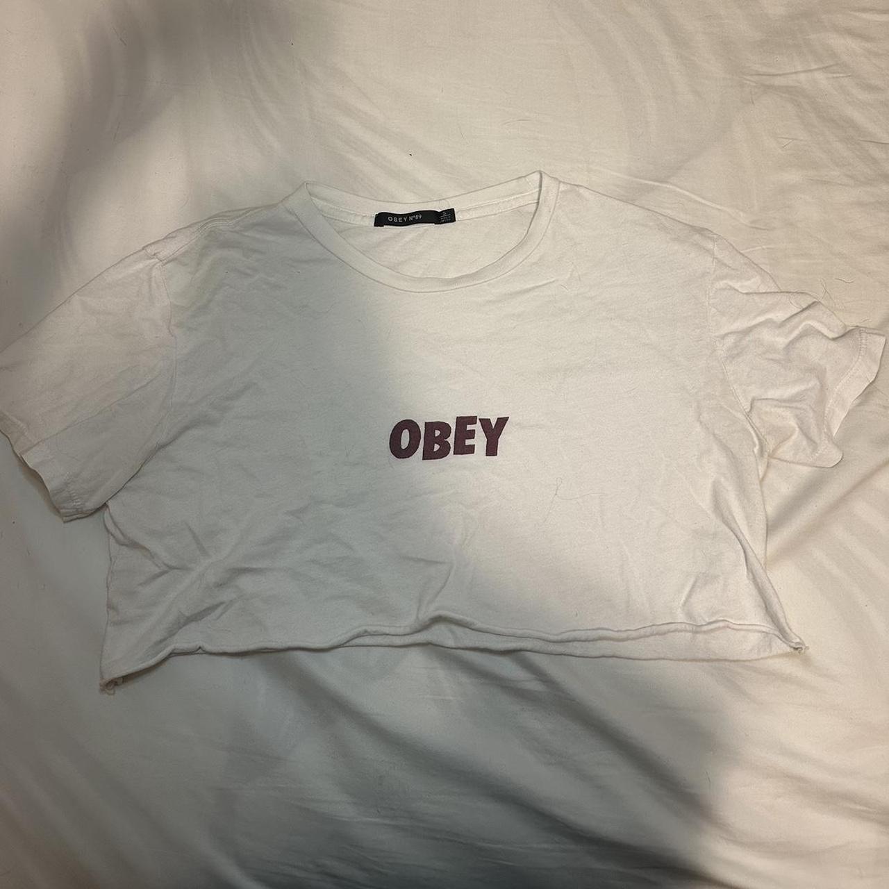 white “obey” cropped tee #croptop #obey #babytee... - Depop