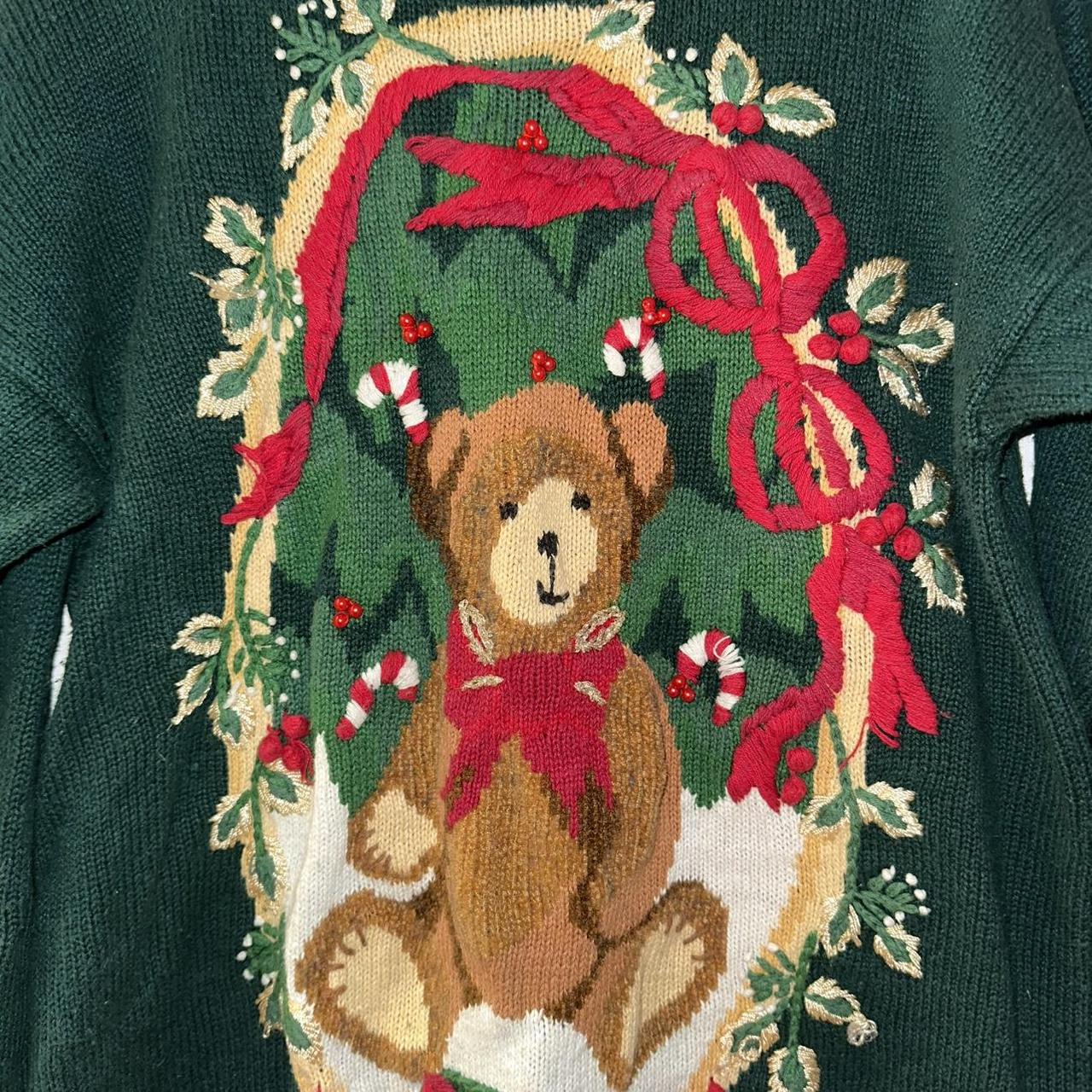 Embroidered green Christmas sweater with teddy bear... - Depop