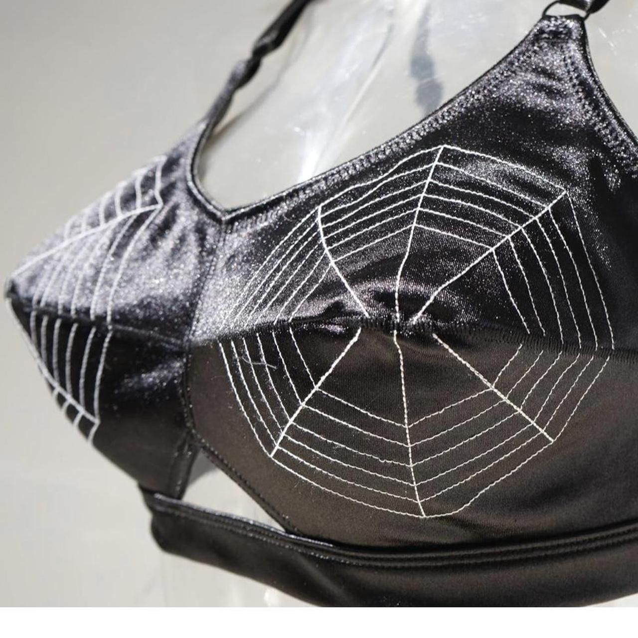 Black Vintage Satin Cone Bra with Cobweb Design... - Depop