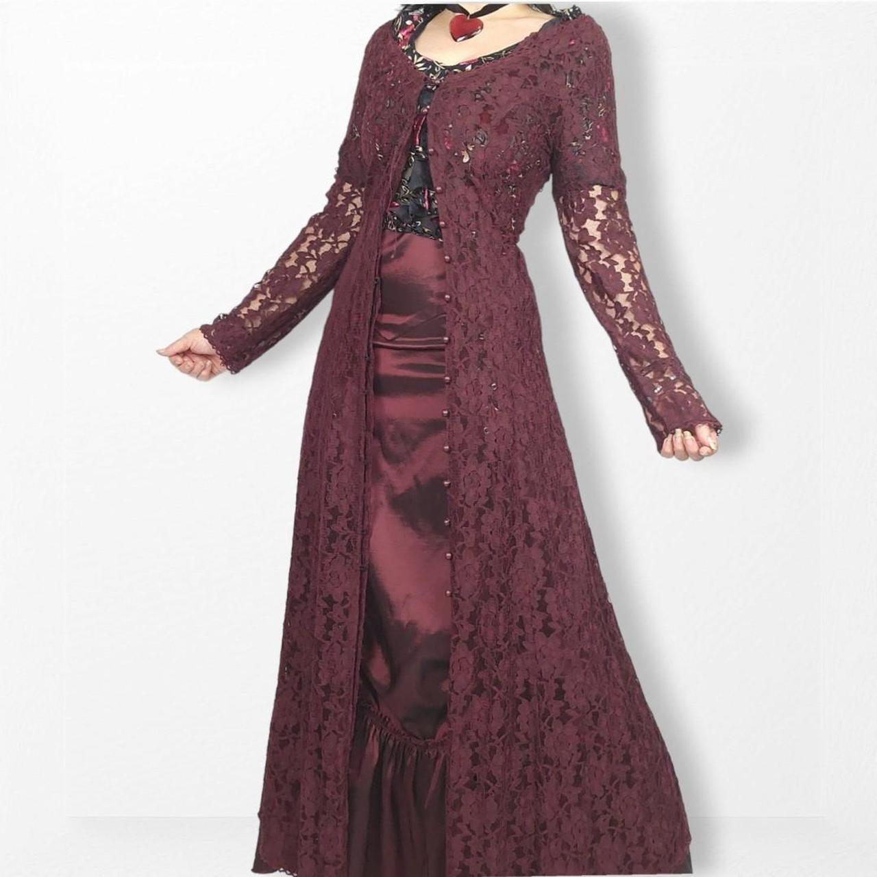 Vintage 90s burgundy lace long jacket duster... - Depop