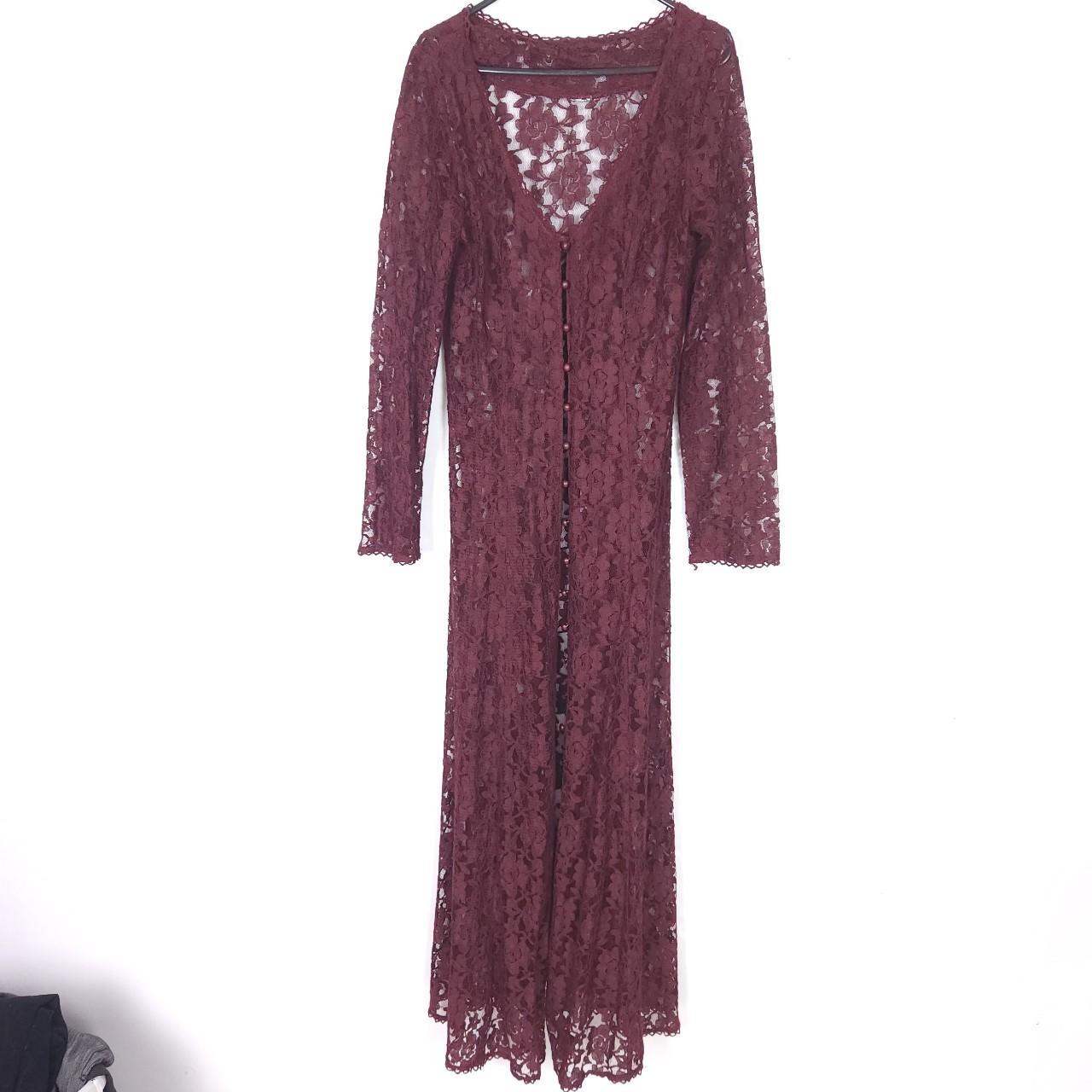 Vintage 90s burgundy lace long jacket duster... - Depop