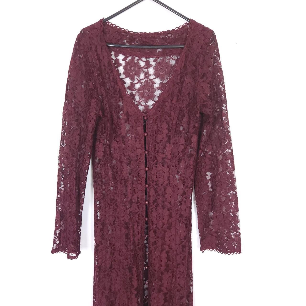 Vintage 90s burgundy lace long jacket duster... - Depop