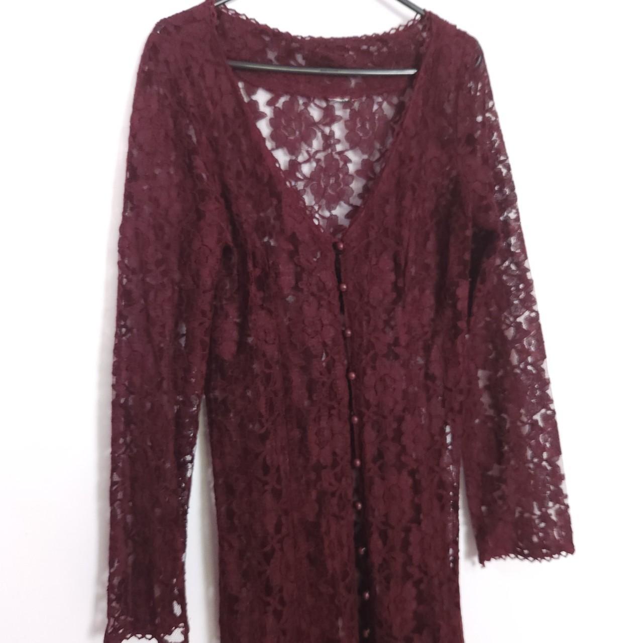 Vintage 90s burgundy lace long jacket duster... - Depop