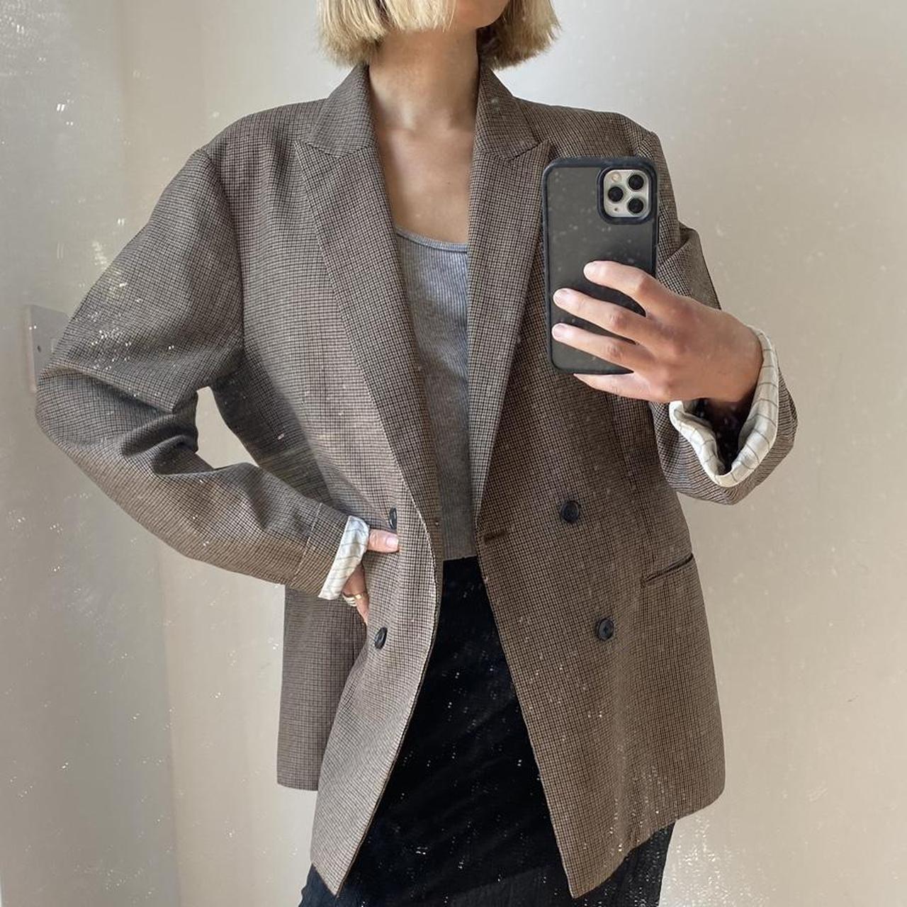oversized brown and red check / checked blazer from... - Depop