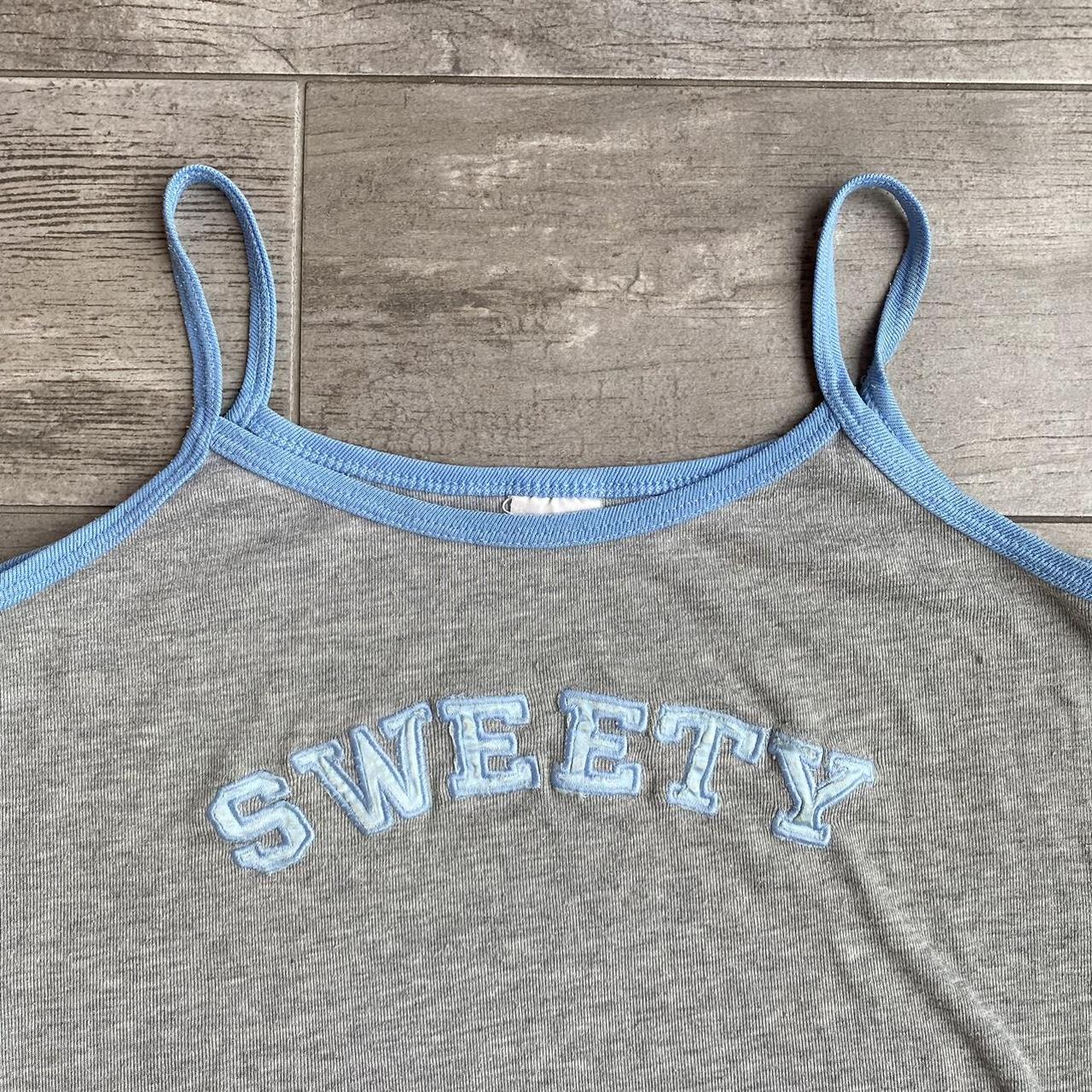 GREY CAMI TOP WITH BLUE SPELL OUT SWEETY... - Depop