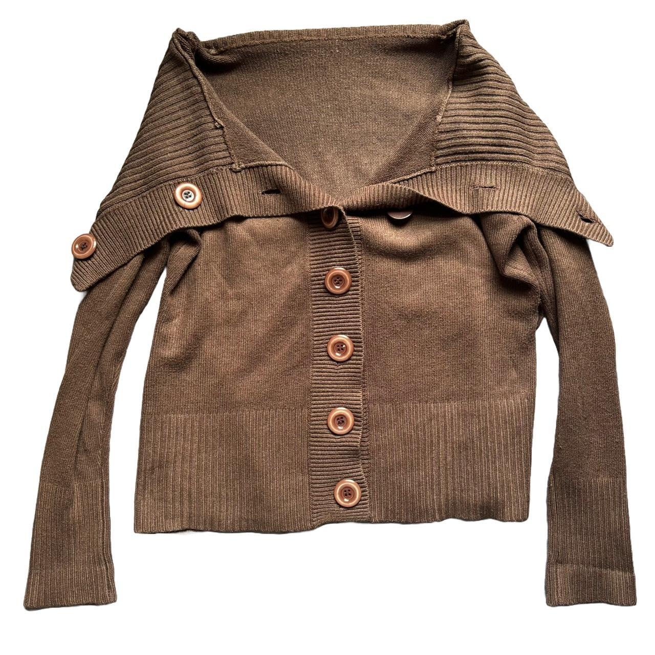 BROWN KNIT OPEN NECK JUMPER WITH BUTTONS... - Depop