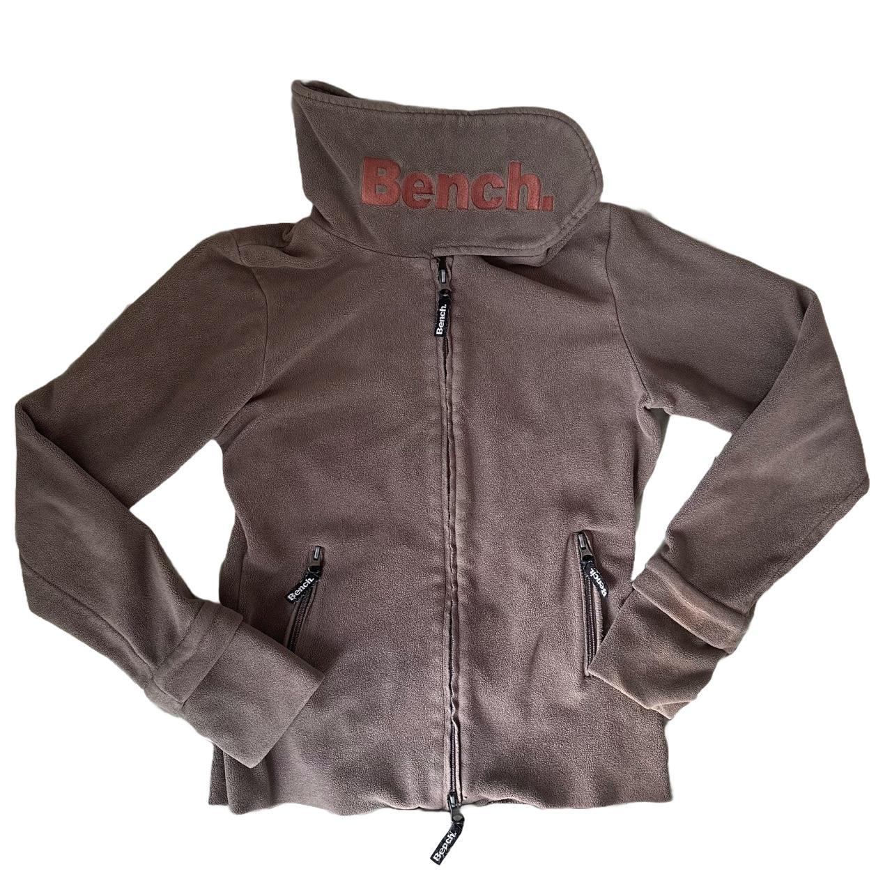 BROWN BENCH ZIP UP FLEECE JUMPER WITH SPELL OUT... - Depop