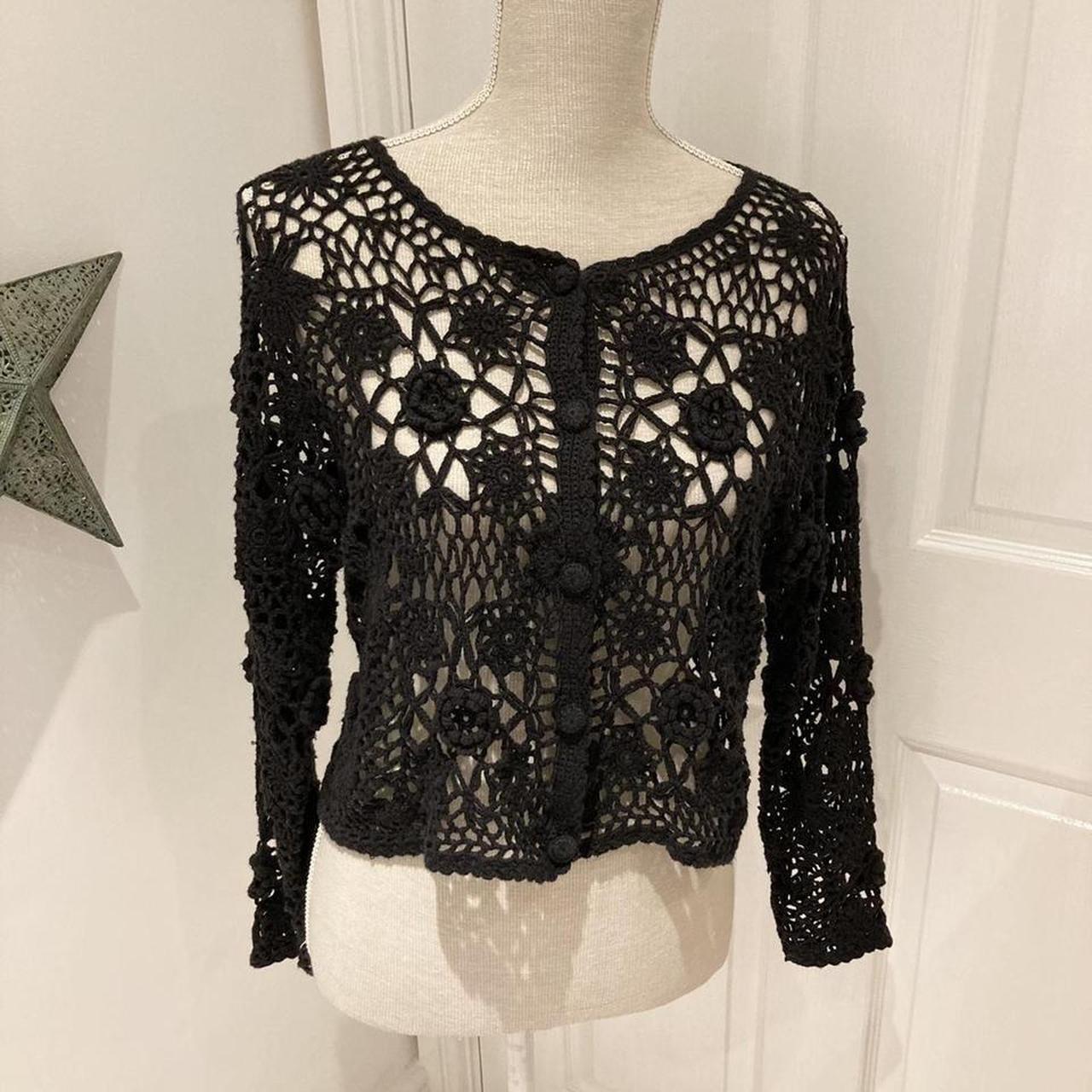 Really nice vintage black crochet cardigan with... - Depop