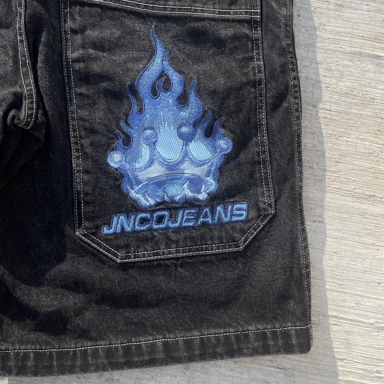 Mens vintage jnco jeans jorts blue fire crown, in... - Depop