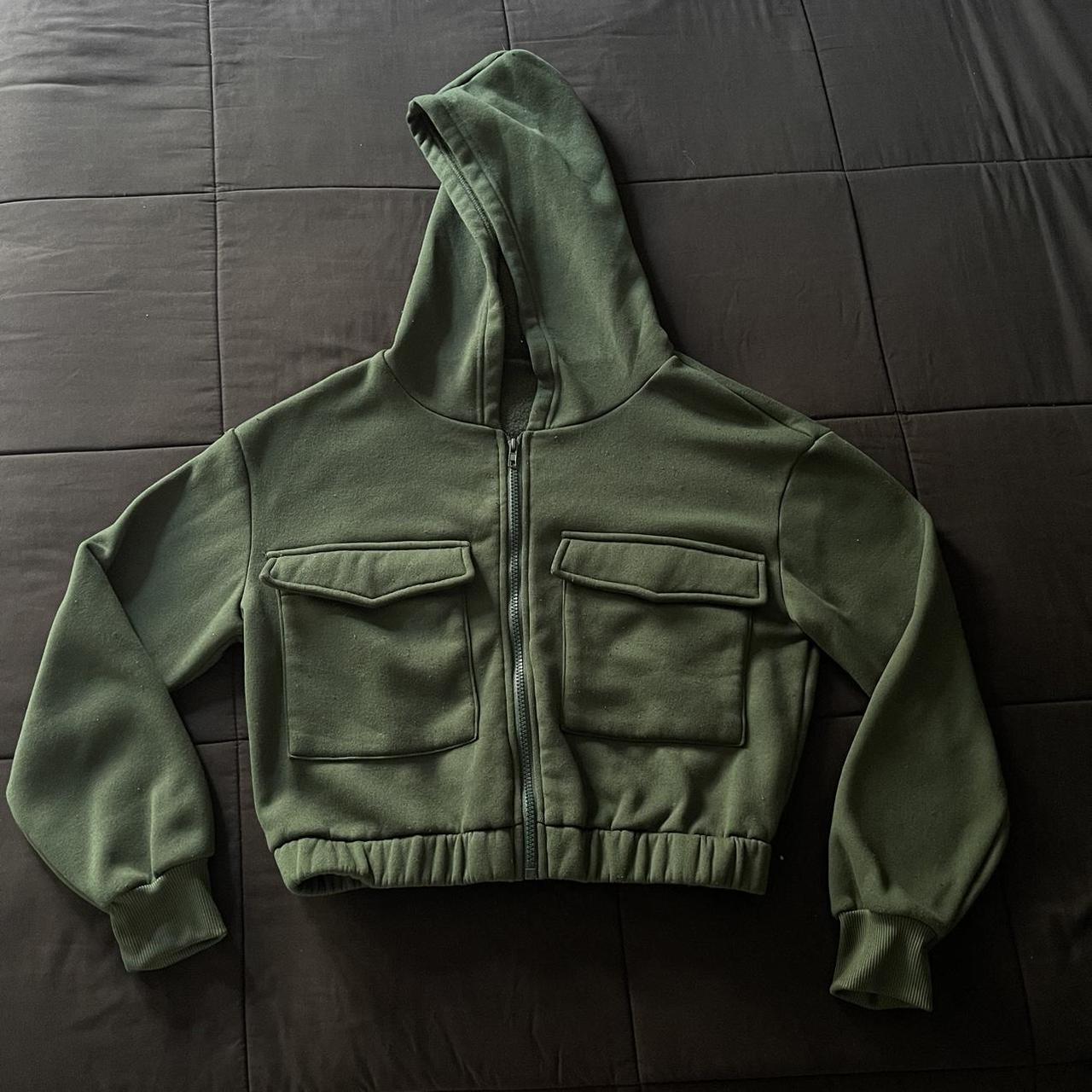 dark green zip up jacket with two pockets #green... - Depop