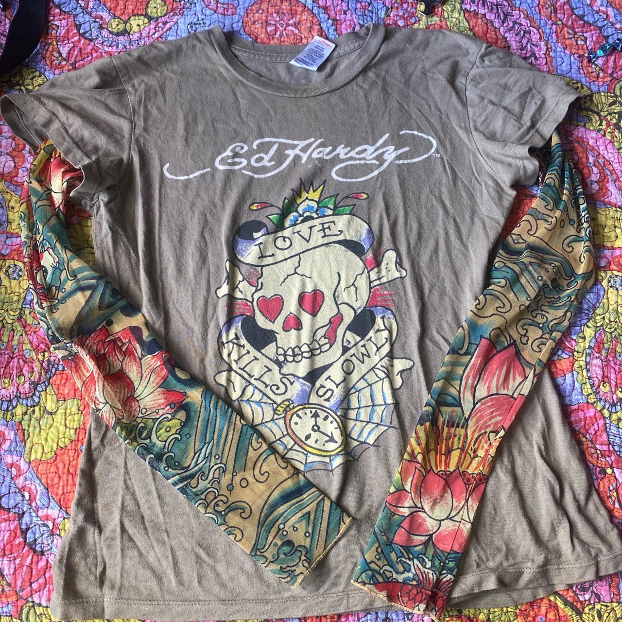 Vintage Ed Hardy ,mesh tattoo sleeve on a army green... - Depop