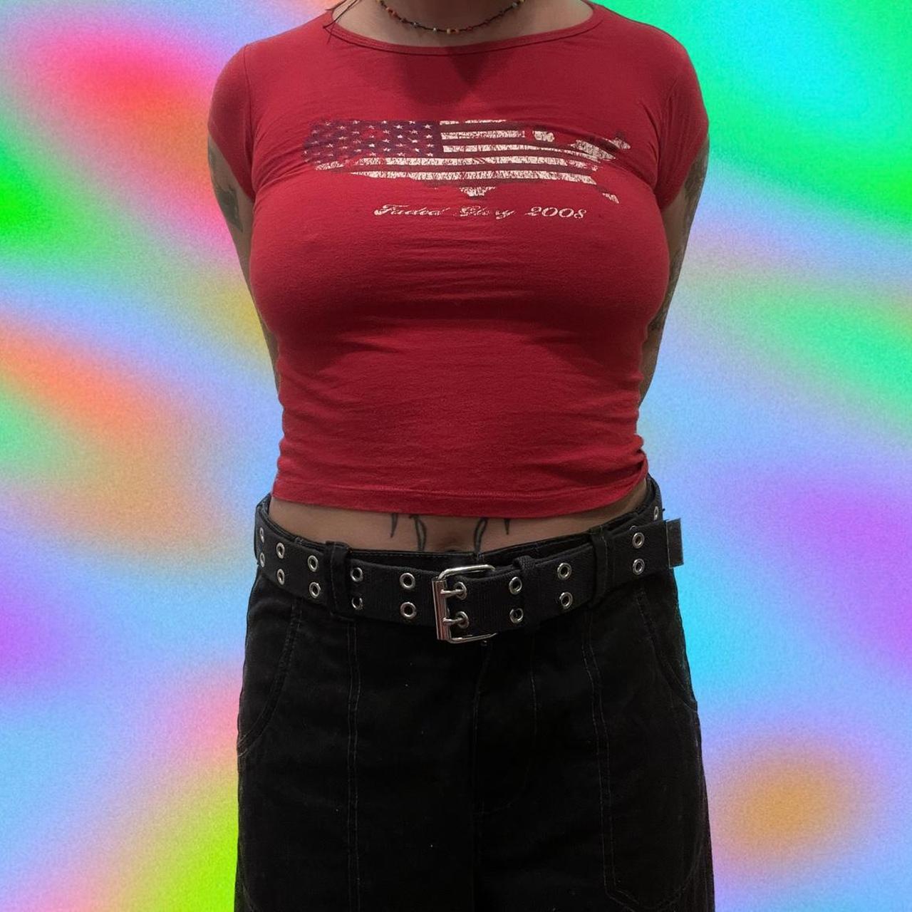 mid 2000s american flag baby tee usa graphic top... - Depop