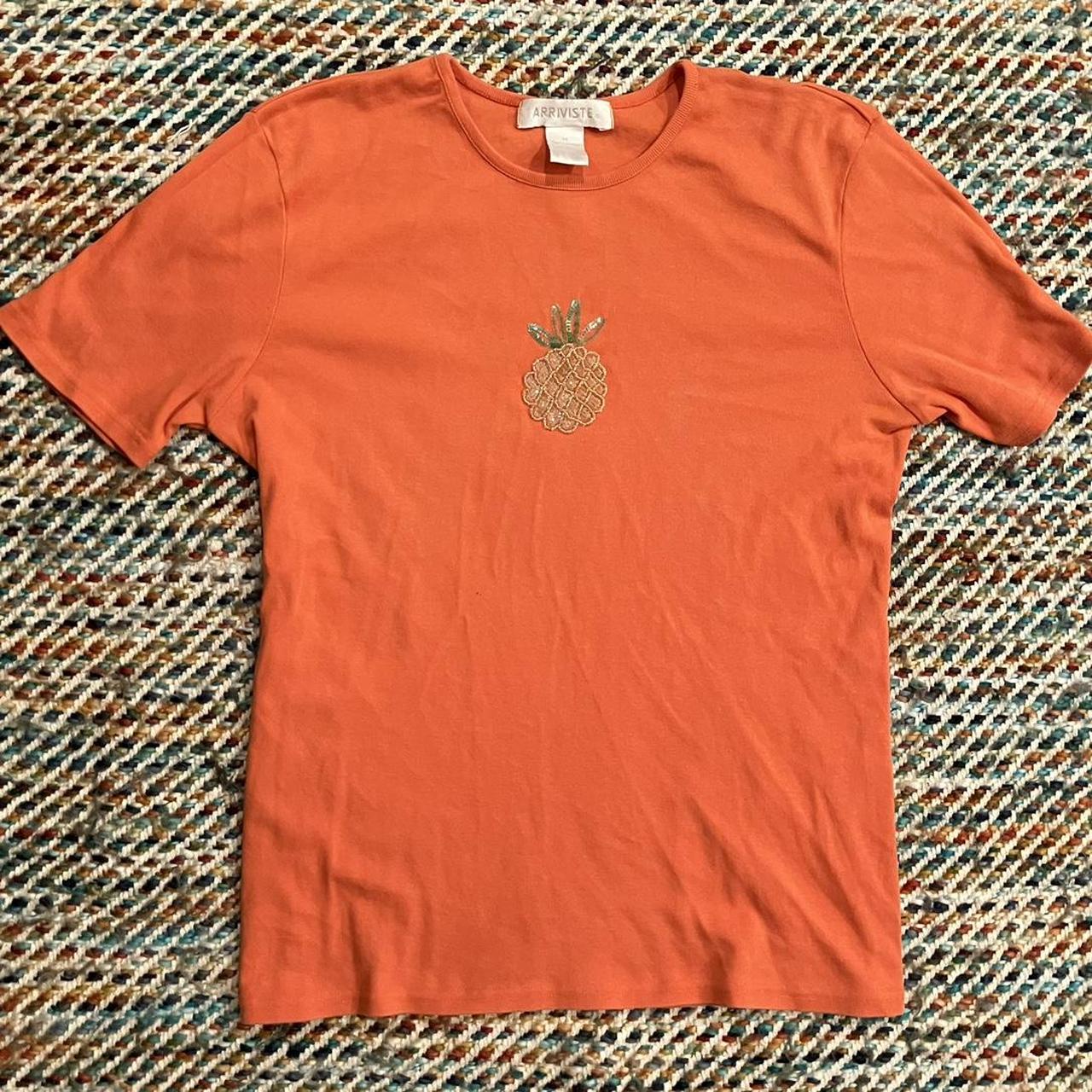y2k orange graphic baby tee pineapple sequin detail... - Depop