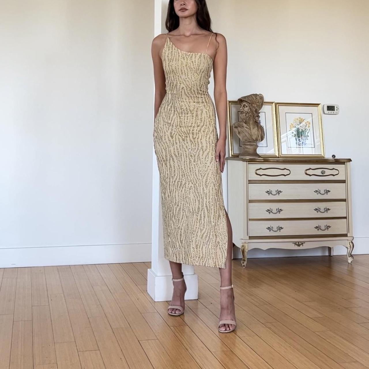 SEXY and a flattering vintage y2k gold sparkly gown... - Depop