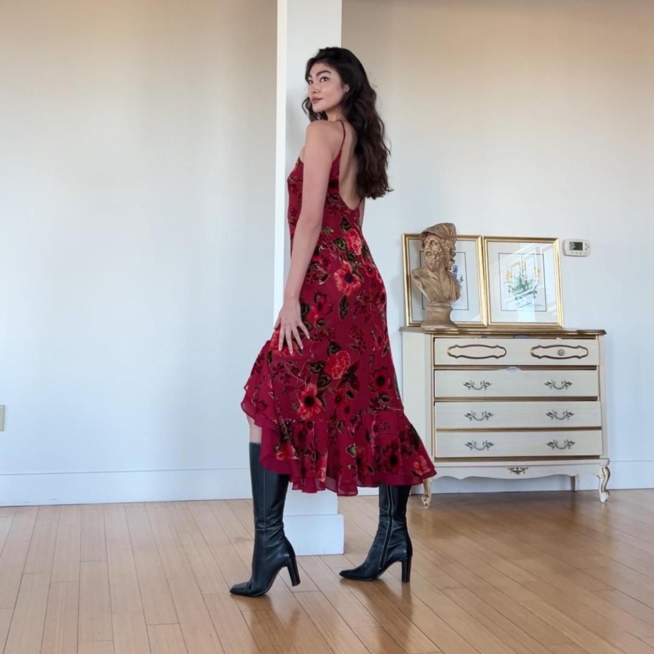 STUNNING vintage 90s velour red floral gown 🪞 can... - Depop