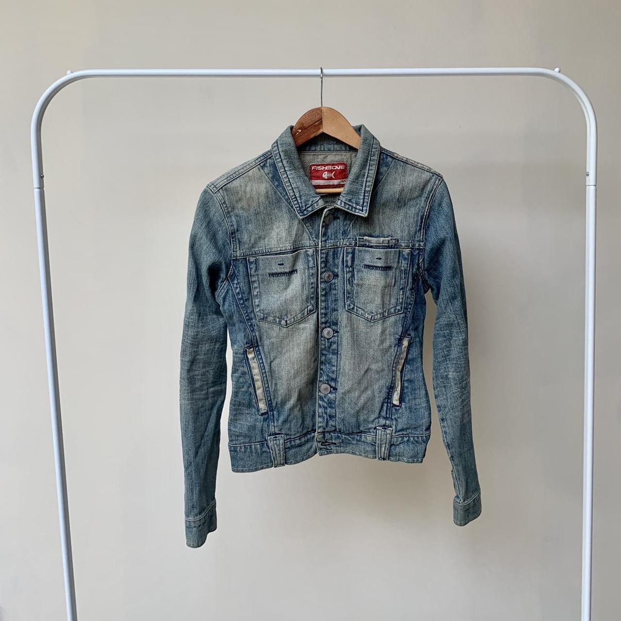 vintage fishbone distressed blue denim jacket size... - Depop