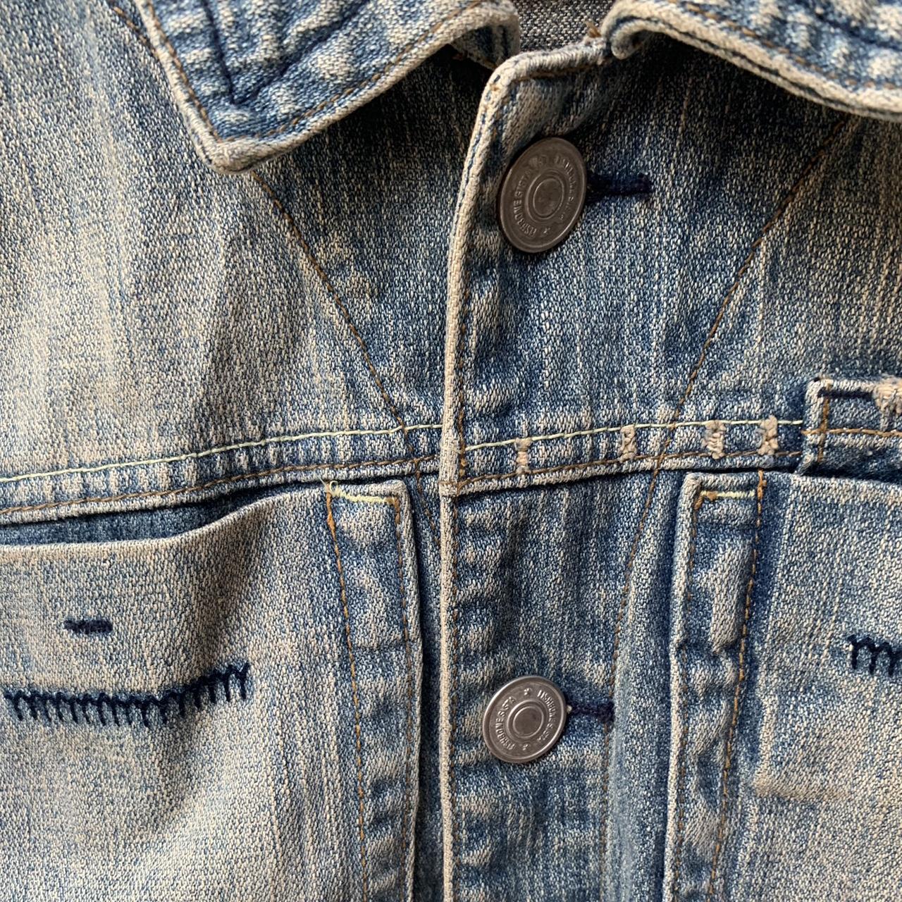 vintage fishbone distressed blue denim jacket size... - Depop