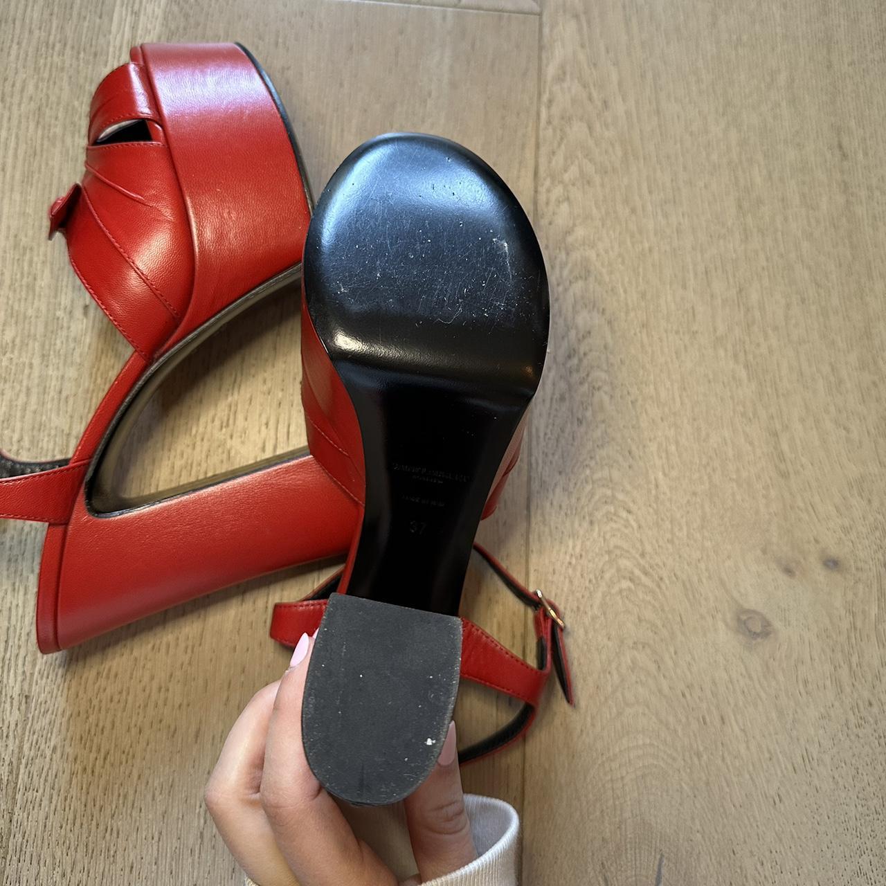 Saint Laurent Paris red leather wedge heels size 37... - Depop