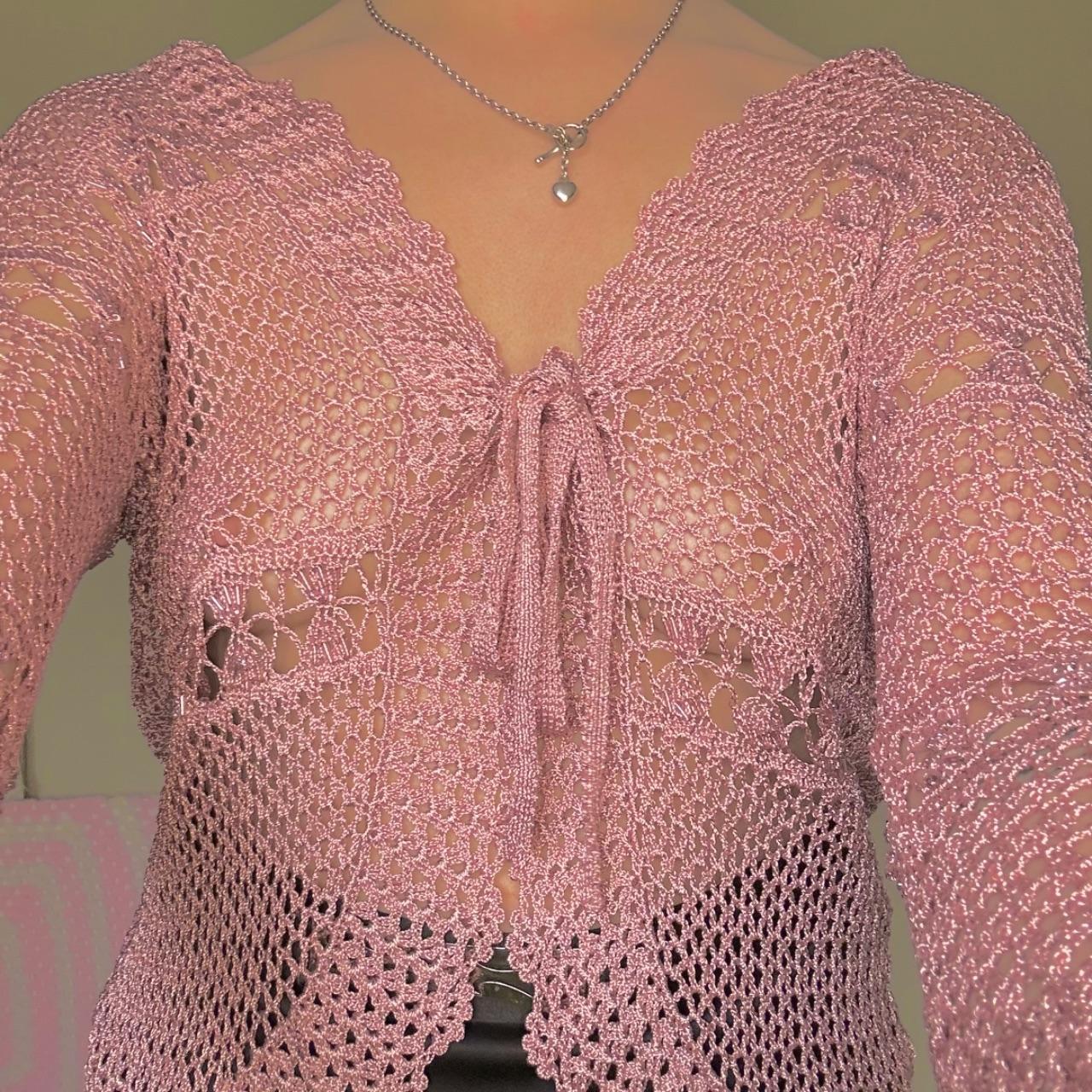 coquette boho pink netted crochet style scallop hem... - Depop