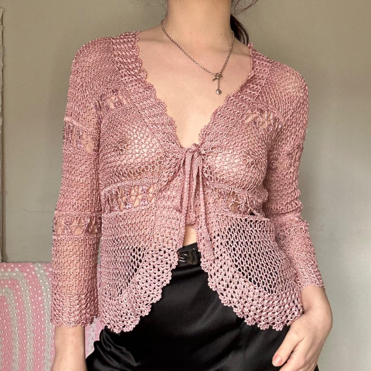 coquette boho pink netted crochet style scallop hem... - Depop