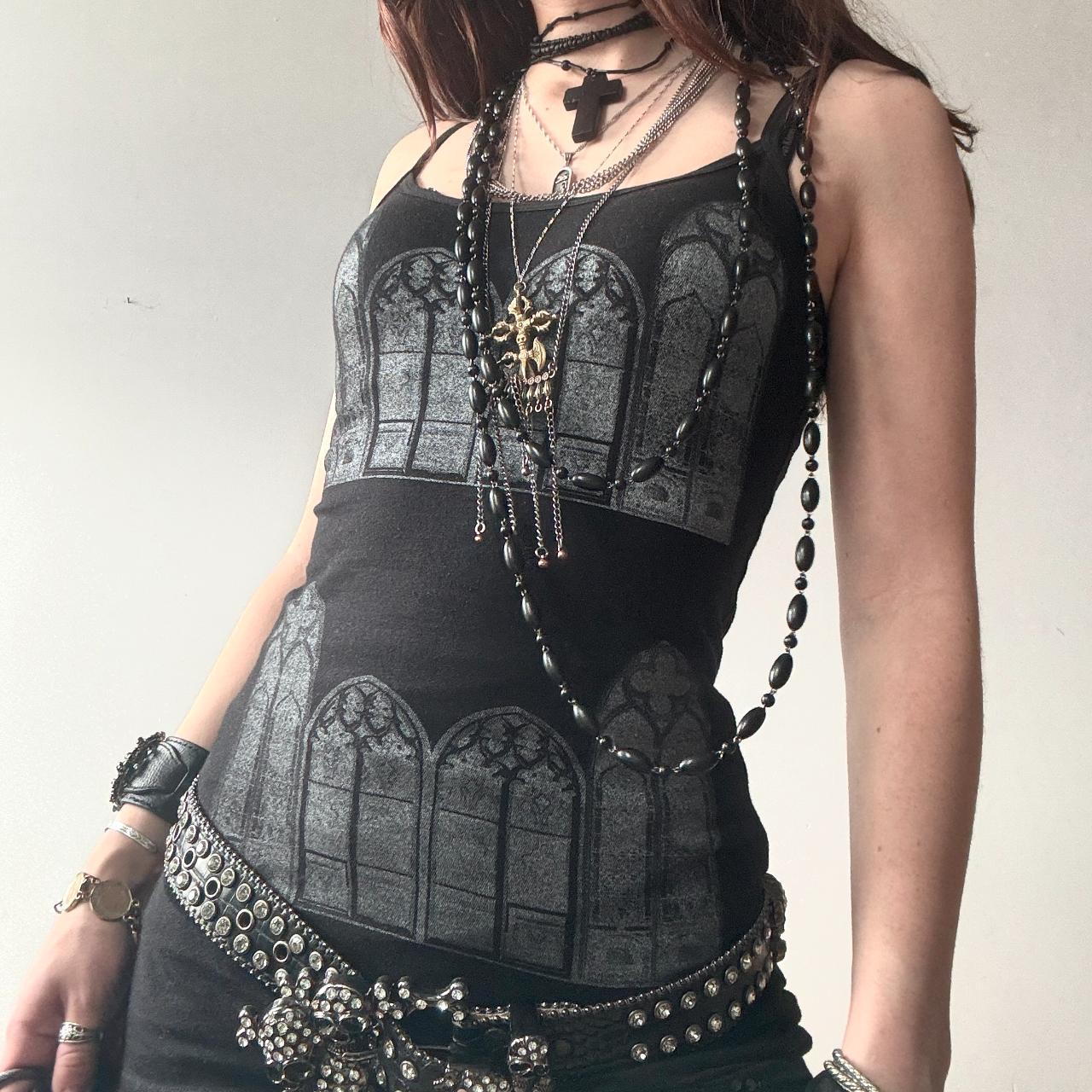 black and silver gothic window graphic cami top XL... | Depop