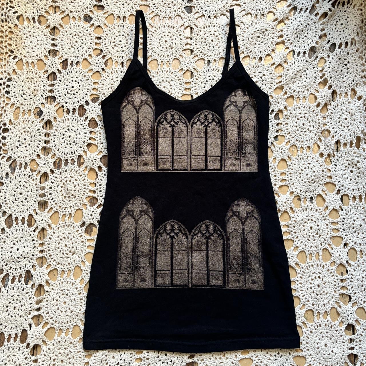 black and copper gothic window graphic cami black... - Depop