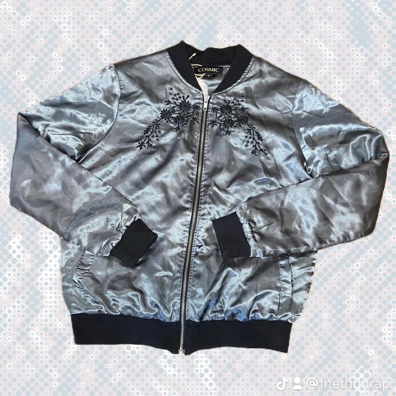 Silver bomber jacket. grey silky satin material with... - Depop