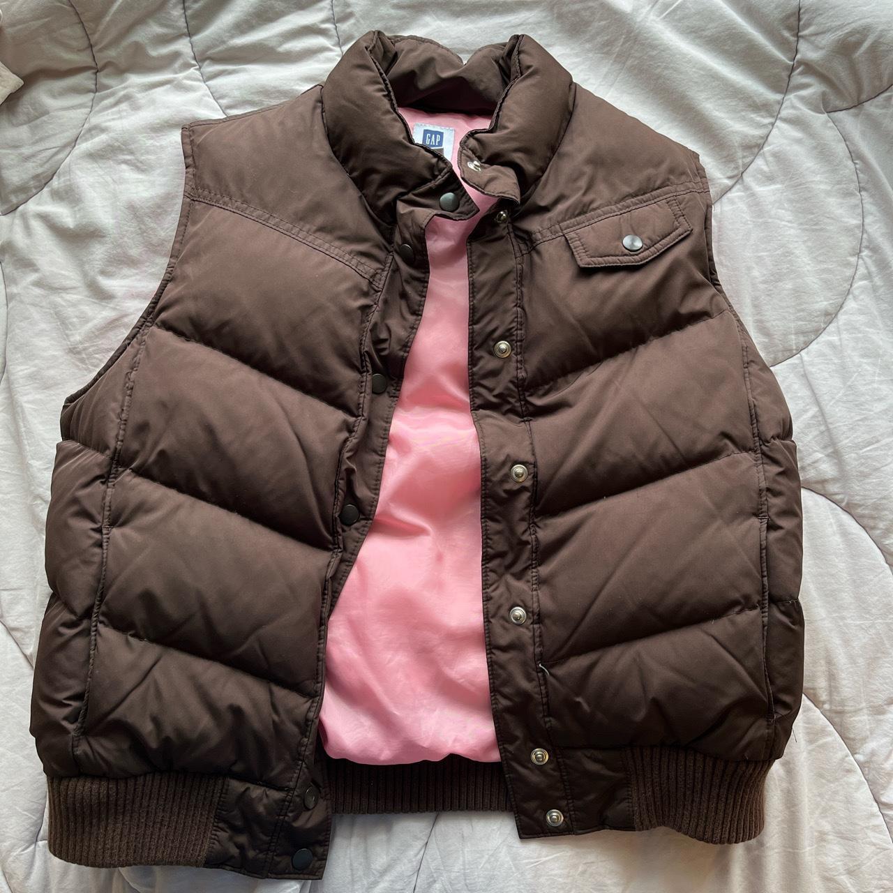 brown gap puffer vest with pink... - Depop