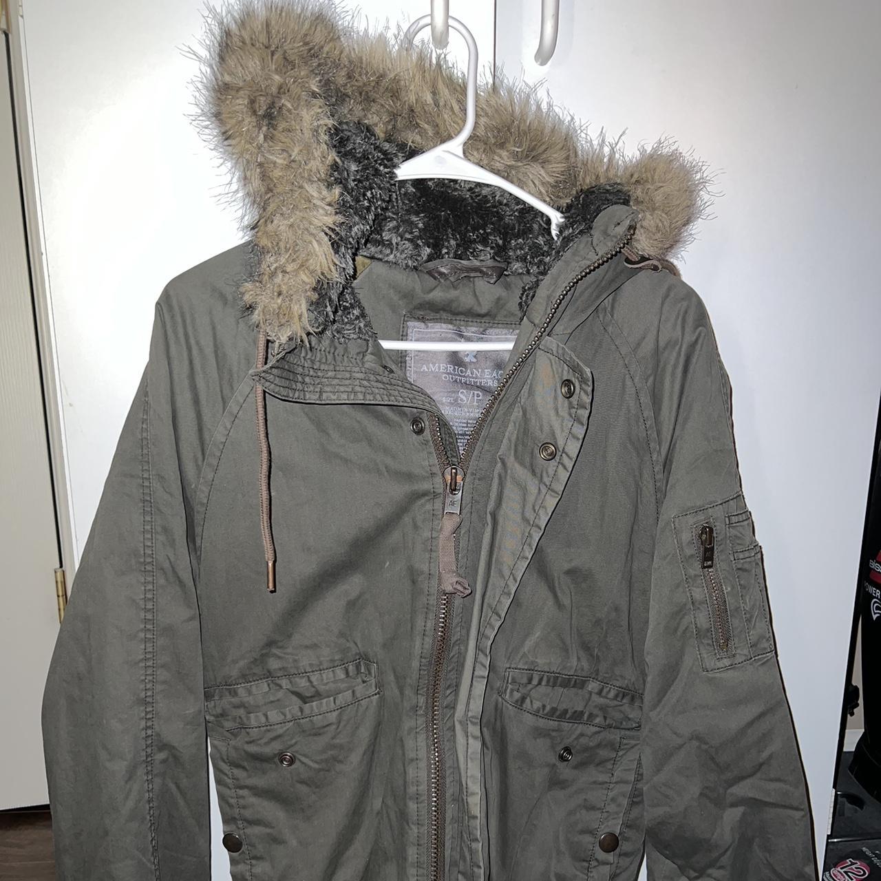 Size s 2000’s fur hood American eagle jacket army... - Depop