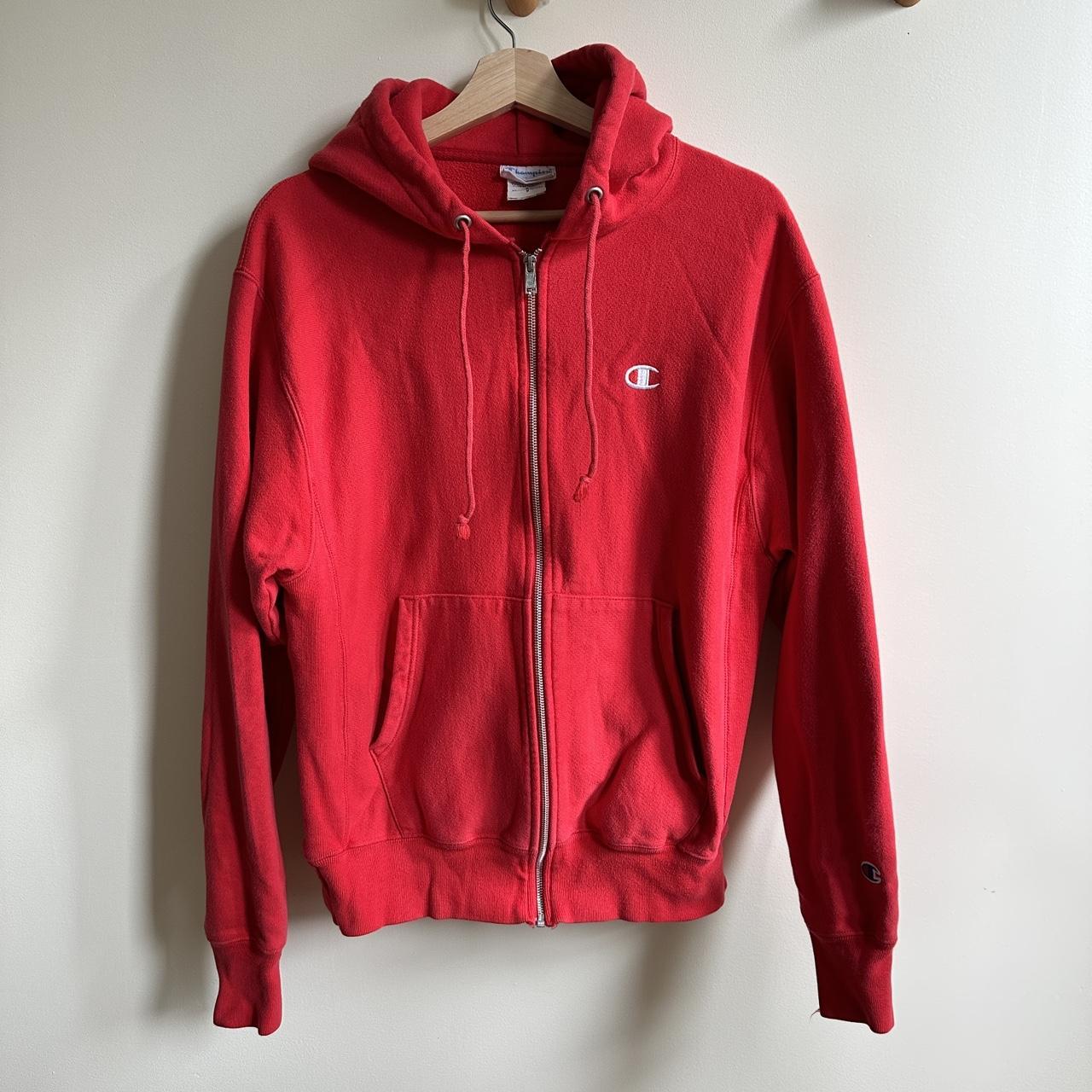 Champion reverse weave zip up hoodie in Medium #red... - Depop