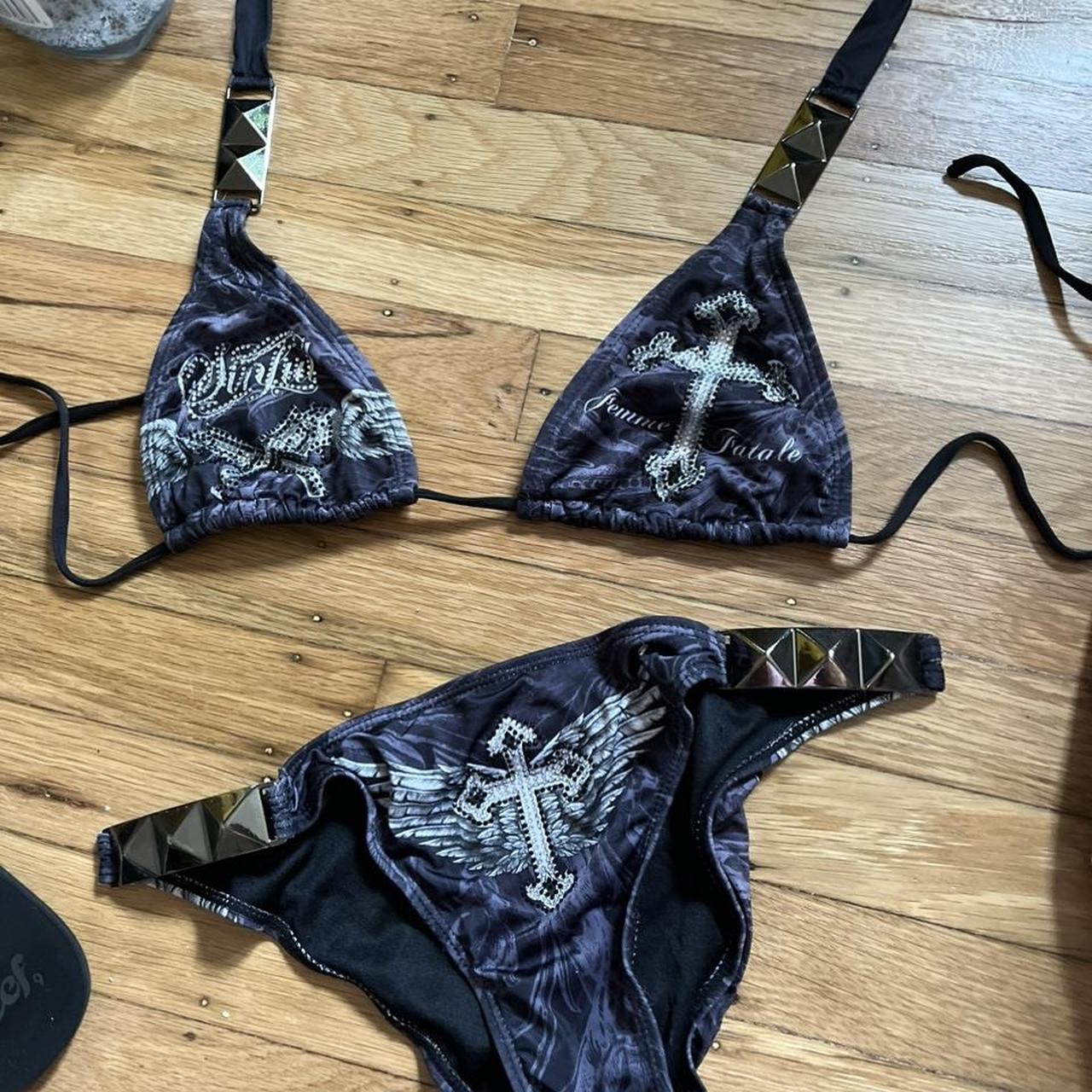 Affliction Women's Black and White Bikinis-and-tankini-sets | Depop