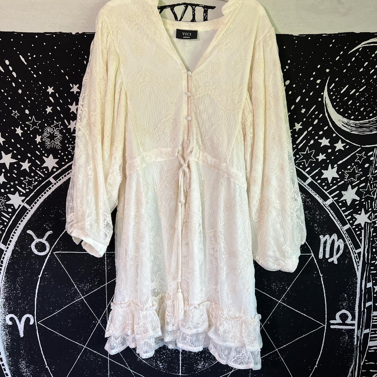 cream lace pattern dress size medium - Depop
