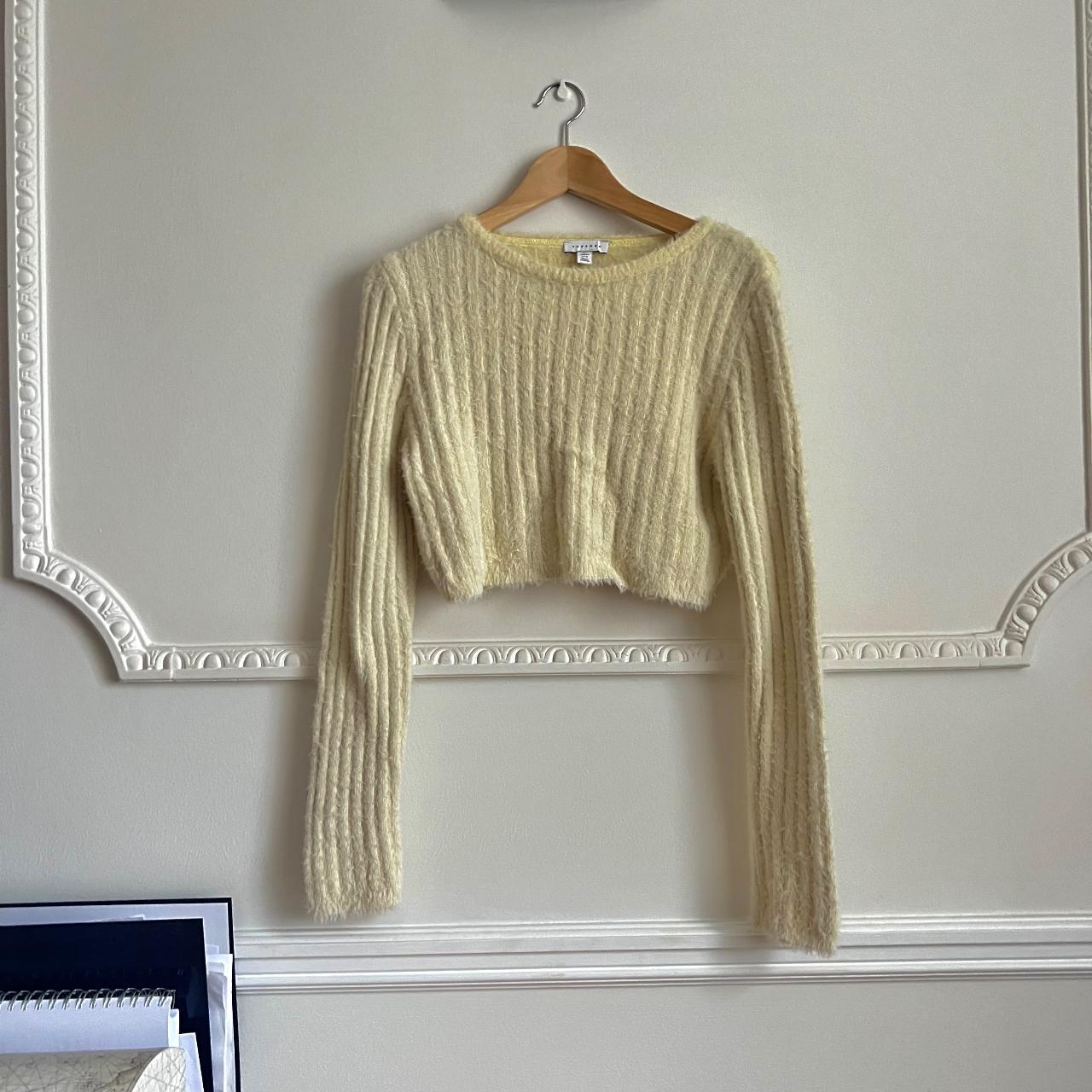 Fuzzy cropped pastel yellow sweater/ jumper from... - Depop