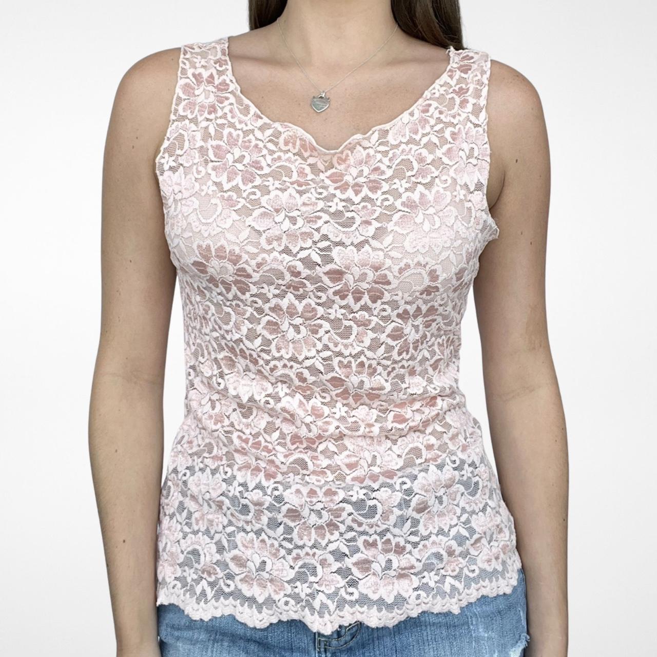 🤍 Pink Lace Tank 🤍 Sheer pink lace mesh tank from... - Depop