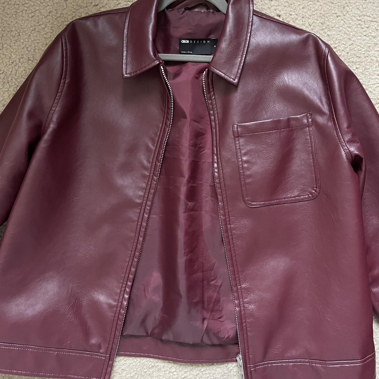 asos men’s red/burgundy leather jacket size Medium,... - Depop