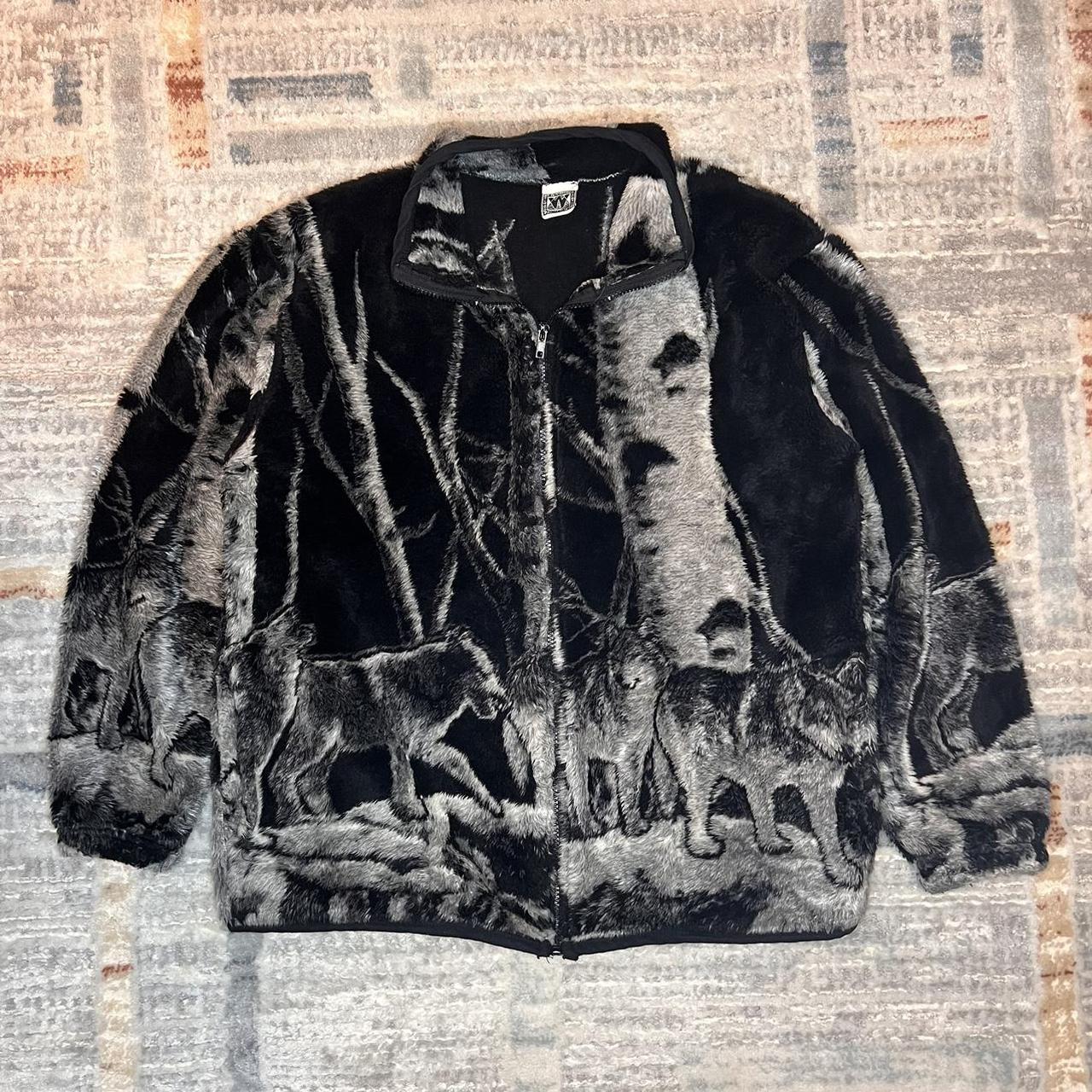 vintage 90s wolf fleece zip up all over print size... - Depop