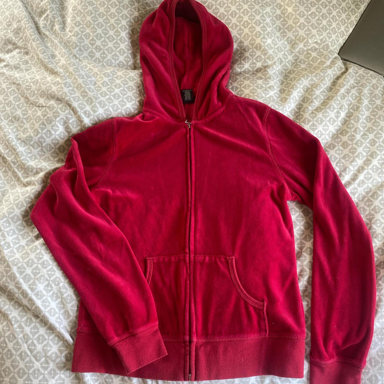 Red velour zip up jacket Size Medium, can fit a... - Depop