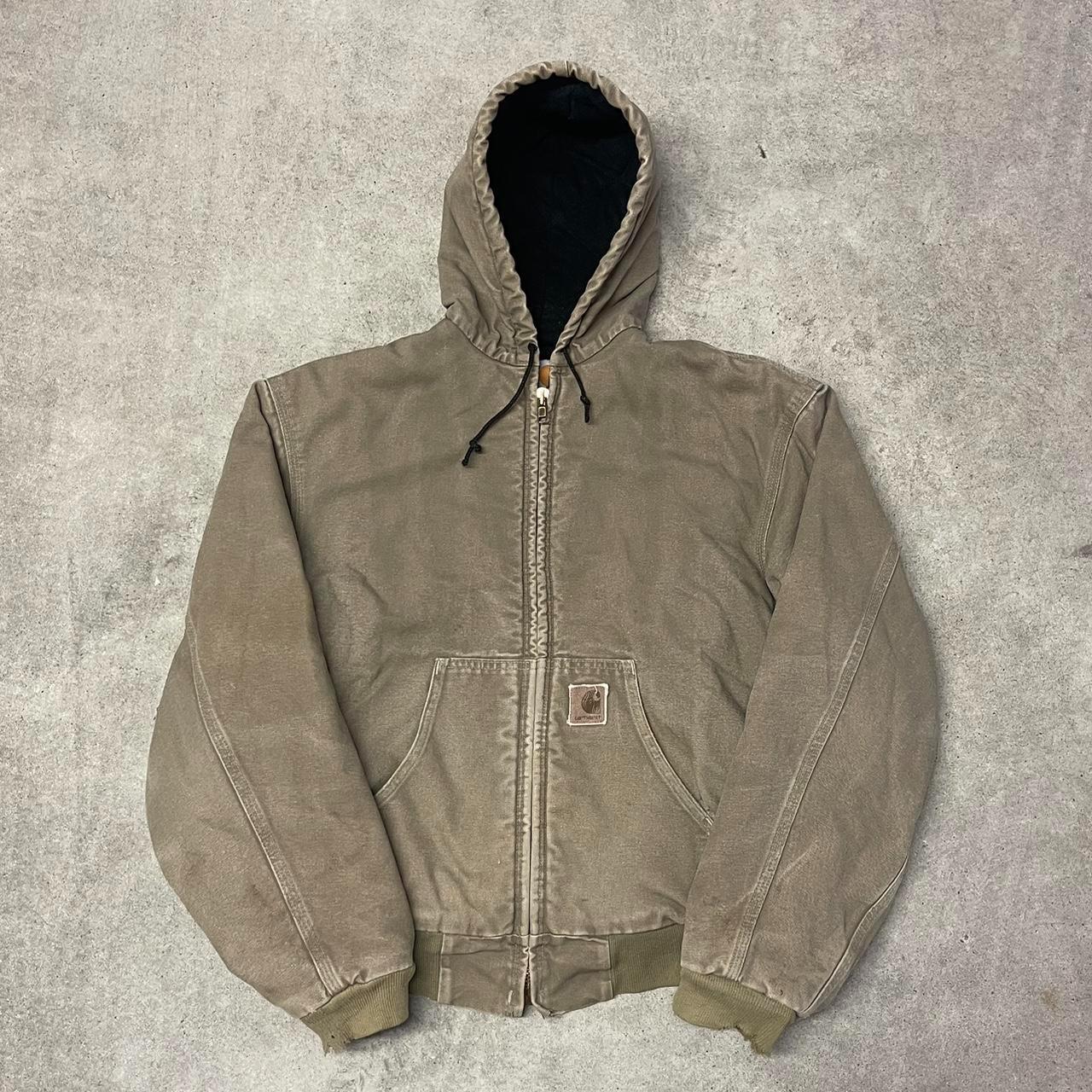 90s Carhartt Sand Hooded Canvas Jacket Thermal... - Depop