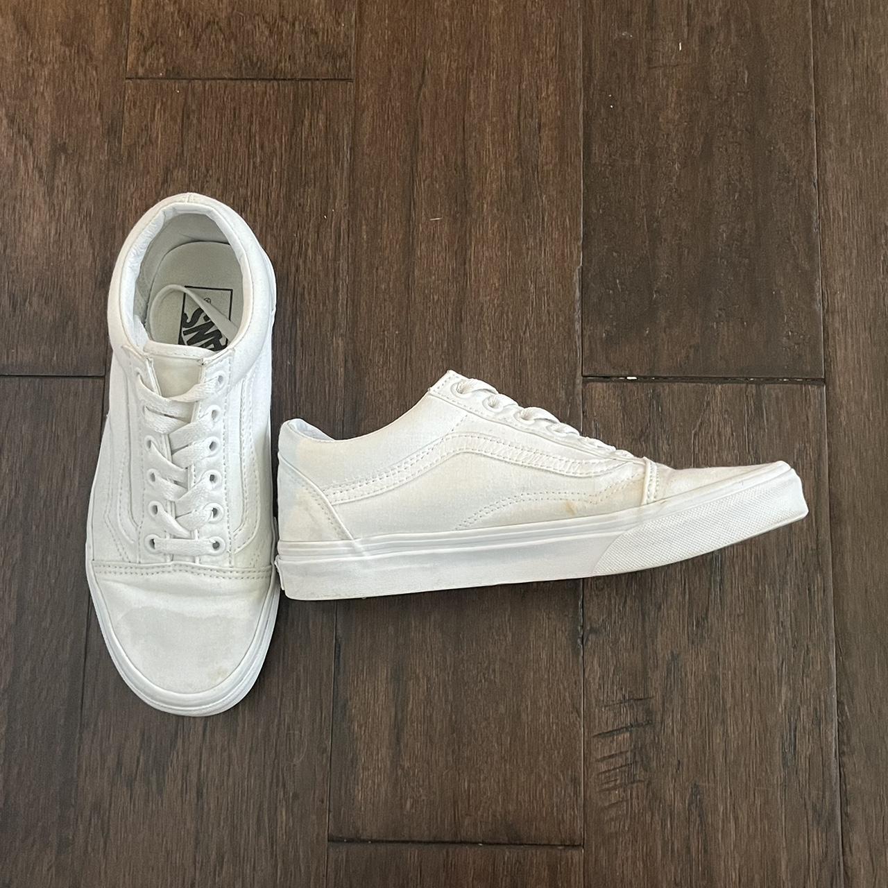 All white old skool vans, size Womens 7 (Mens 5.5).... - Depop