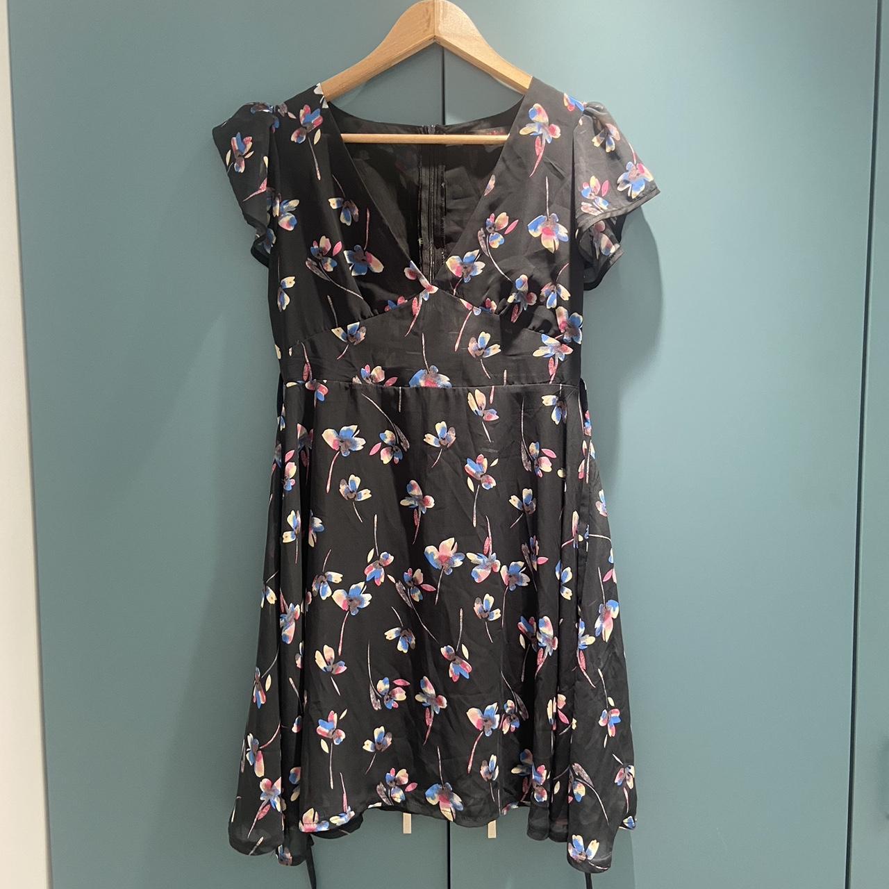 Black floral Tenki dress with ruffle detail on the... | Depop