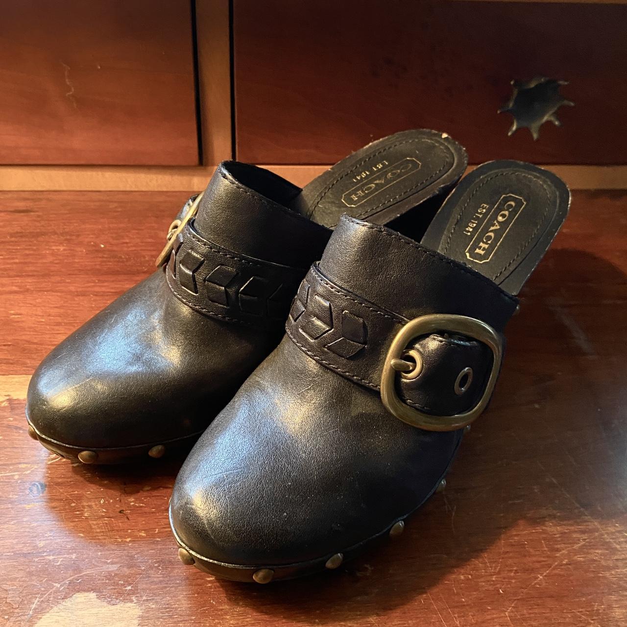 vintage patent black leather coach mules with... - Depop