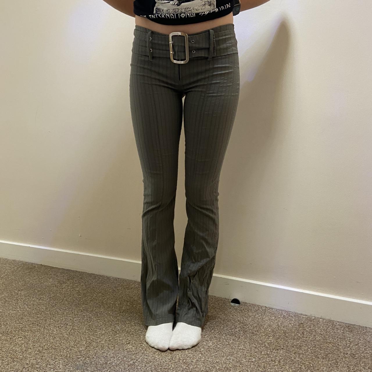 shop yotts “dream” flares khaki grey pinstripe... - Depop