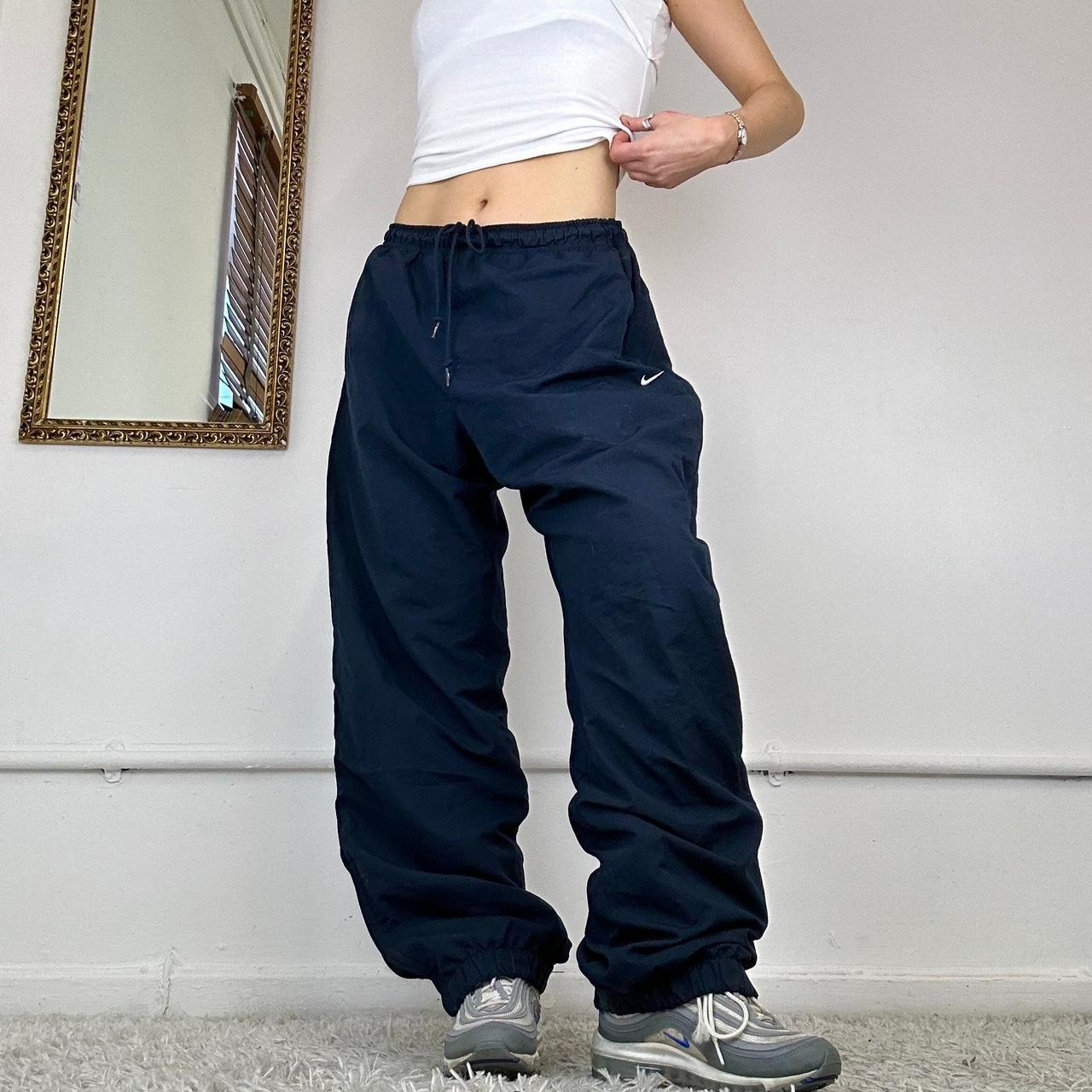 navy nike wide leg trackies adjustable drawstring... - Depop
