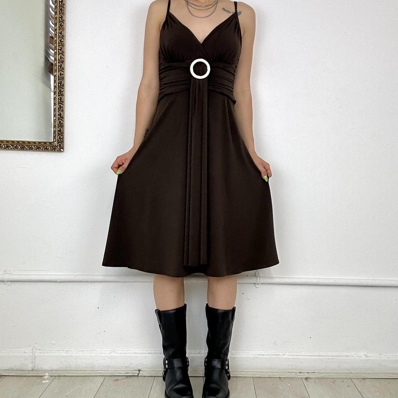 00’s brown yessica flowy dress cool metal o ring... | Depop