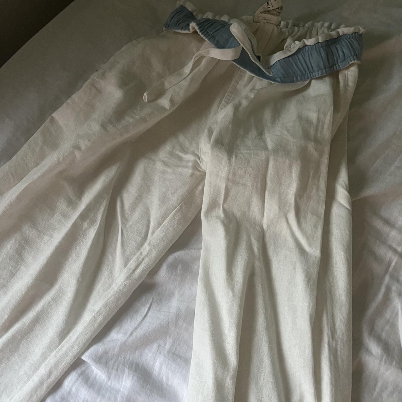 White toms trunks linen trousers with blue waistband... - Depop
