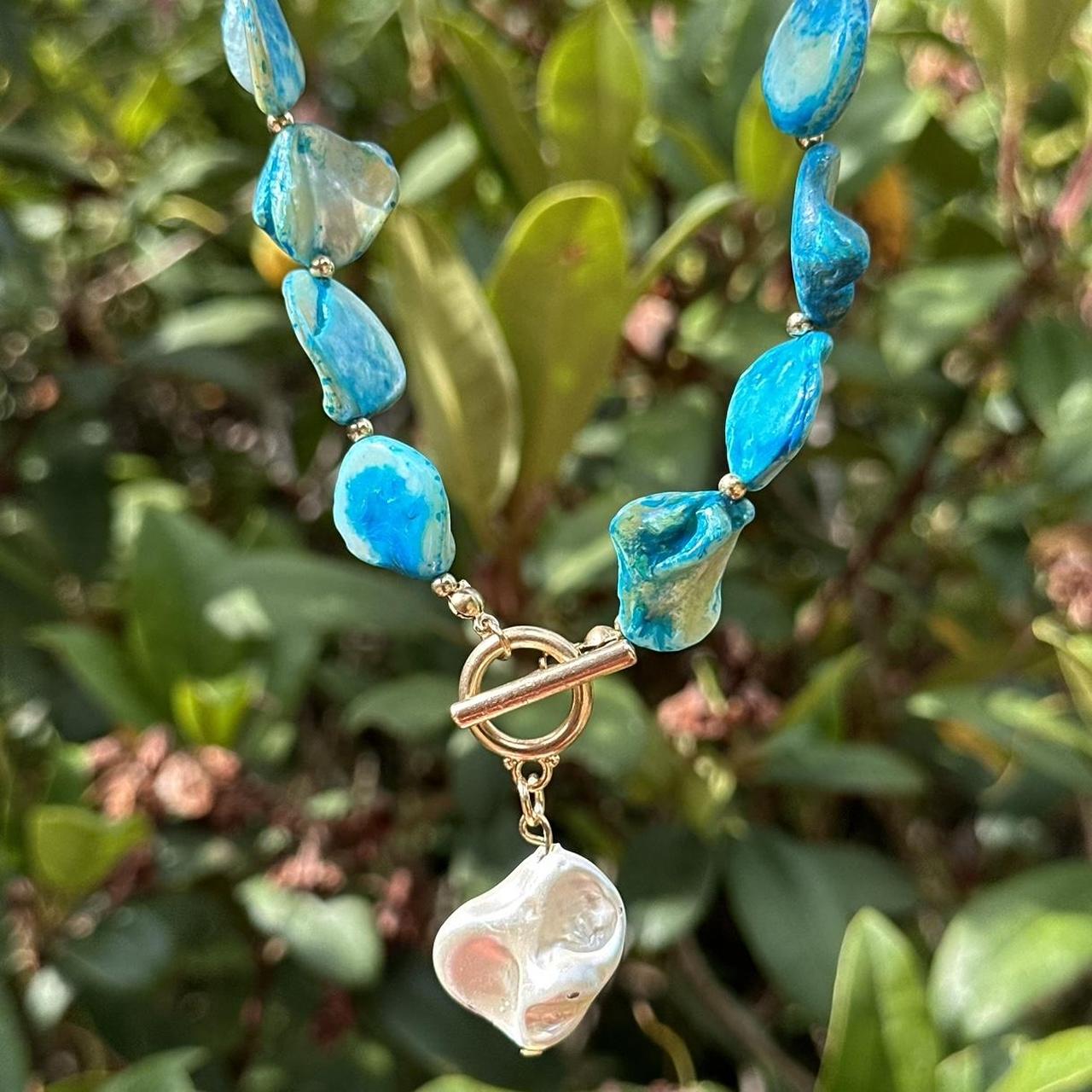 Handmade natural shell and pearl beaded necklace... - Depop