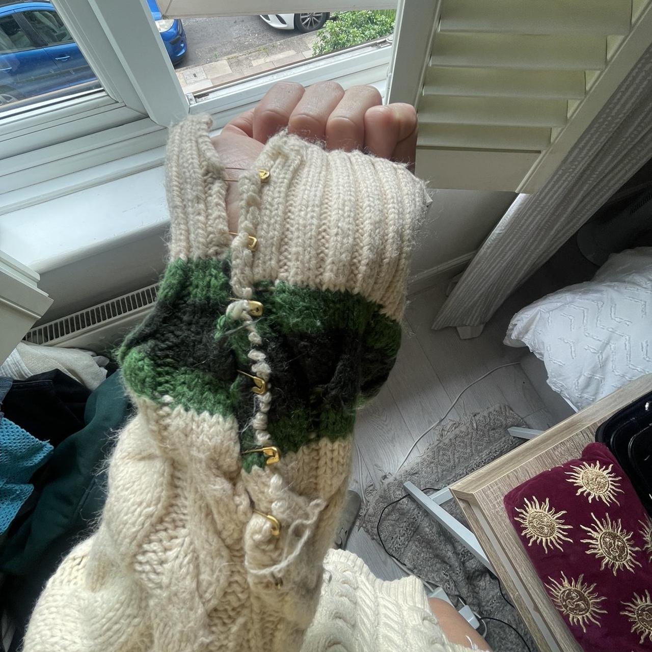 KICKERS cable knit cream and green v neck sweater... - Depop