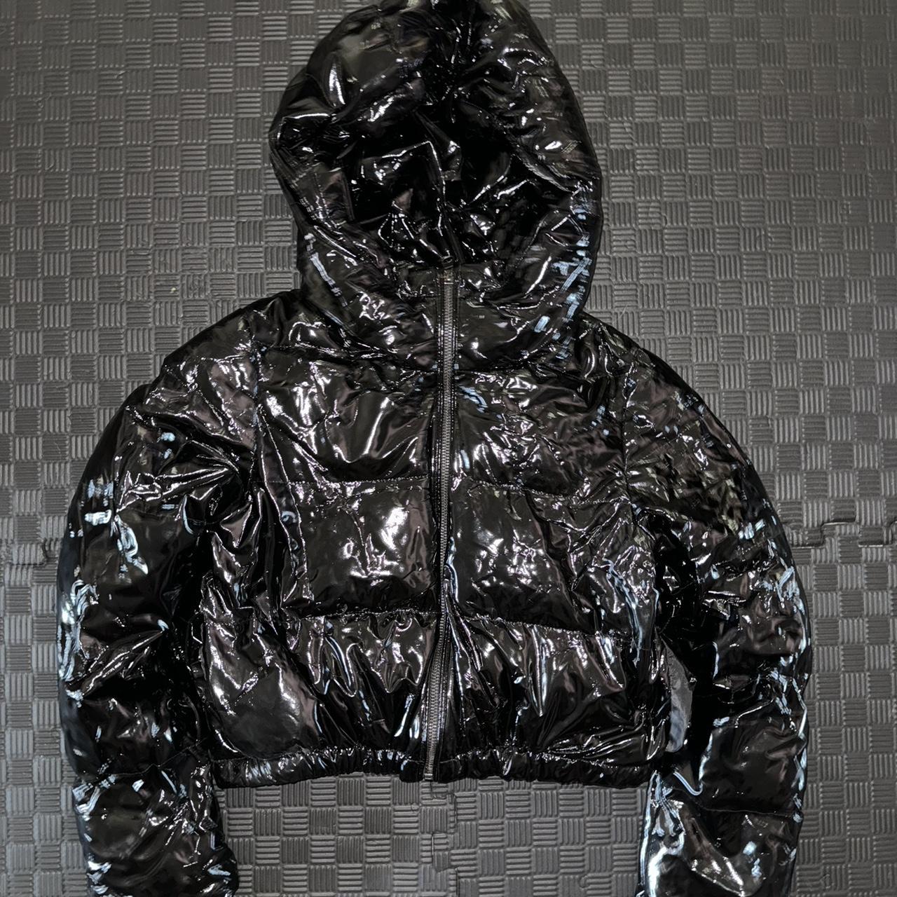 Black vinyl cropped puffer jacket with hood (fashion... - Depop
